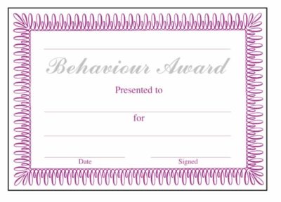 Behaviour Award' Classic Certificate - School Merit Stickers