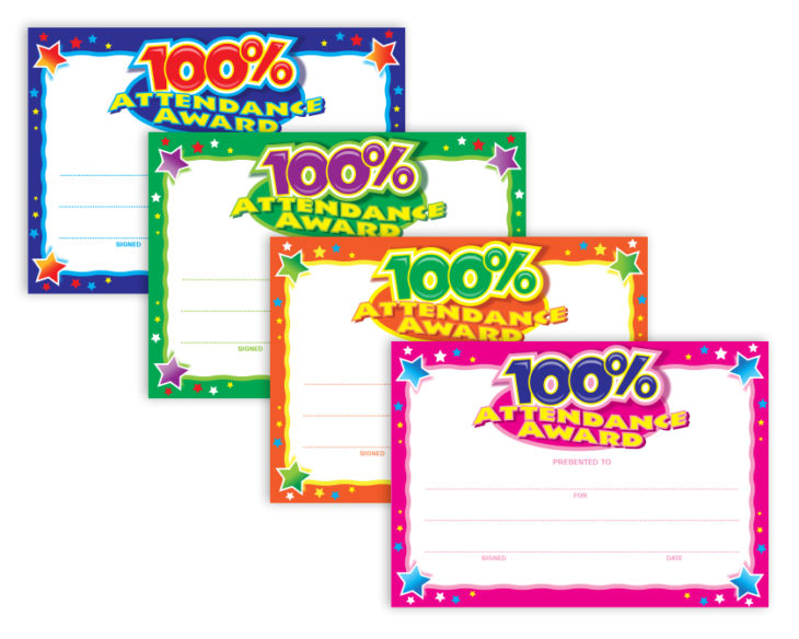 100% Attendance Award Certificates - School Merit Stickers