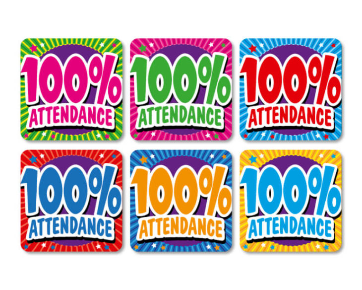 100% Attendance Multipack (6 Designs) - School Merit Stickers
