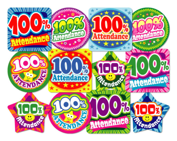 100% Attendance K2 Mixed Megamix Stickers - School Merit Stickers