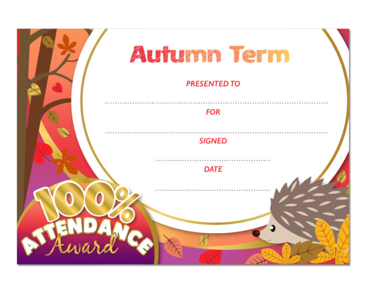 100% Attendance Autumn Term Certificate - School Merit Stickers