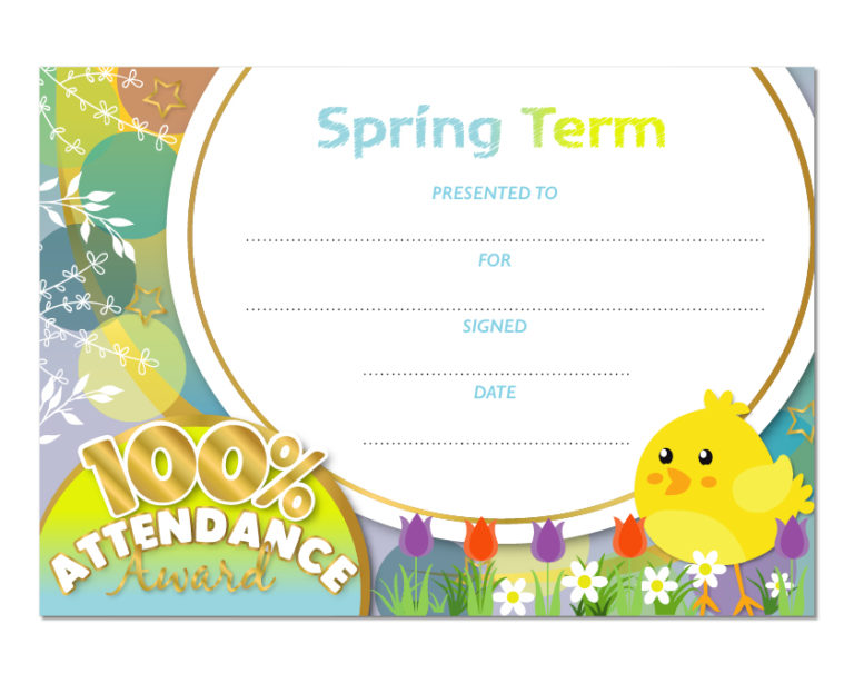 100% Attendance Spring Term Certificate - School Merit Stickers